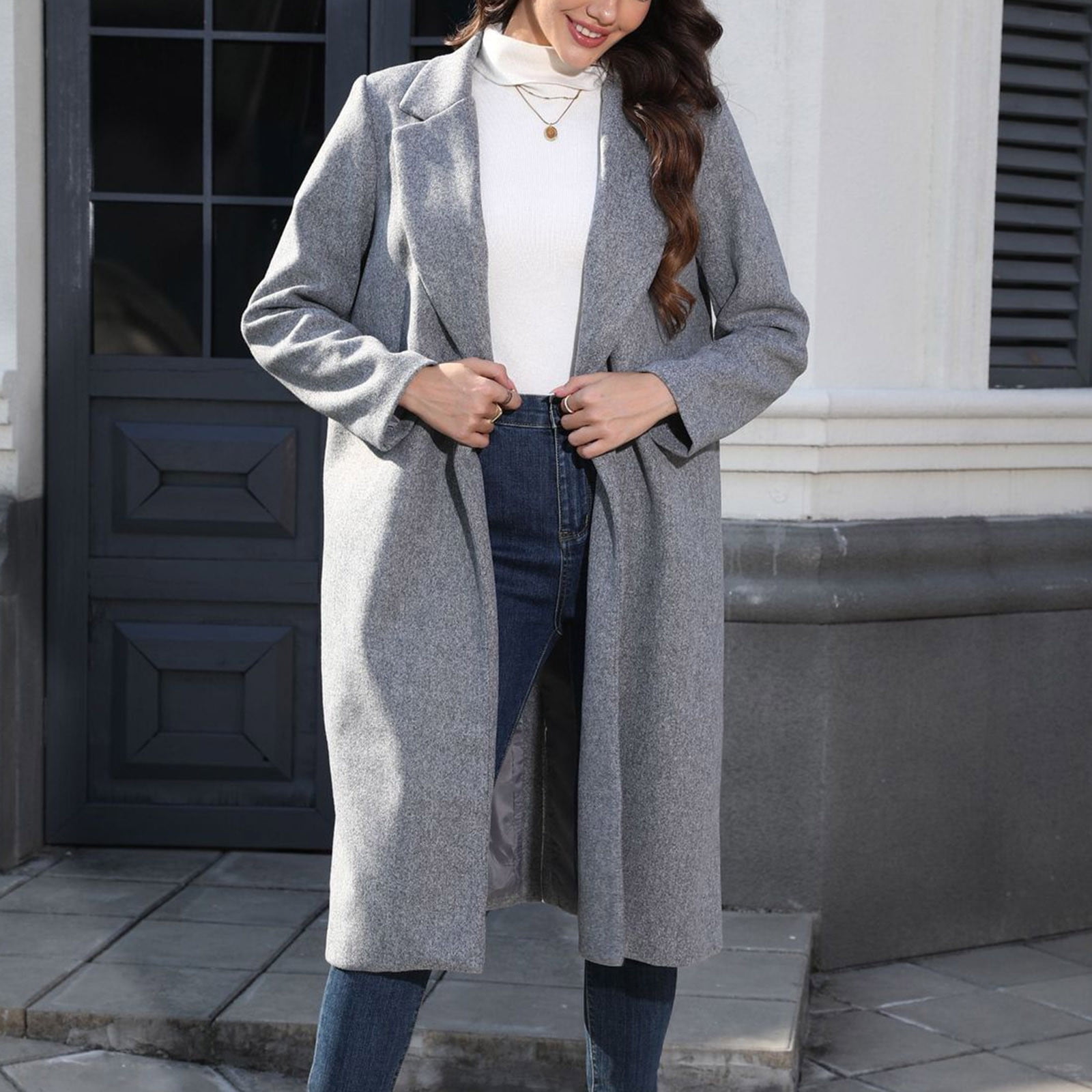 DAFPZW Women Trench Coat Causal Business Office Open Front Jacket Wool ...
