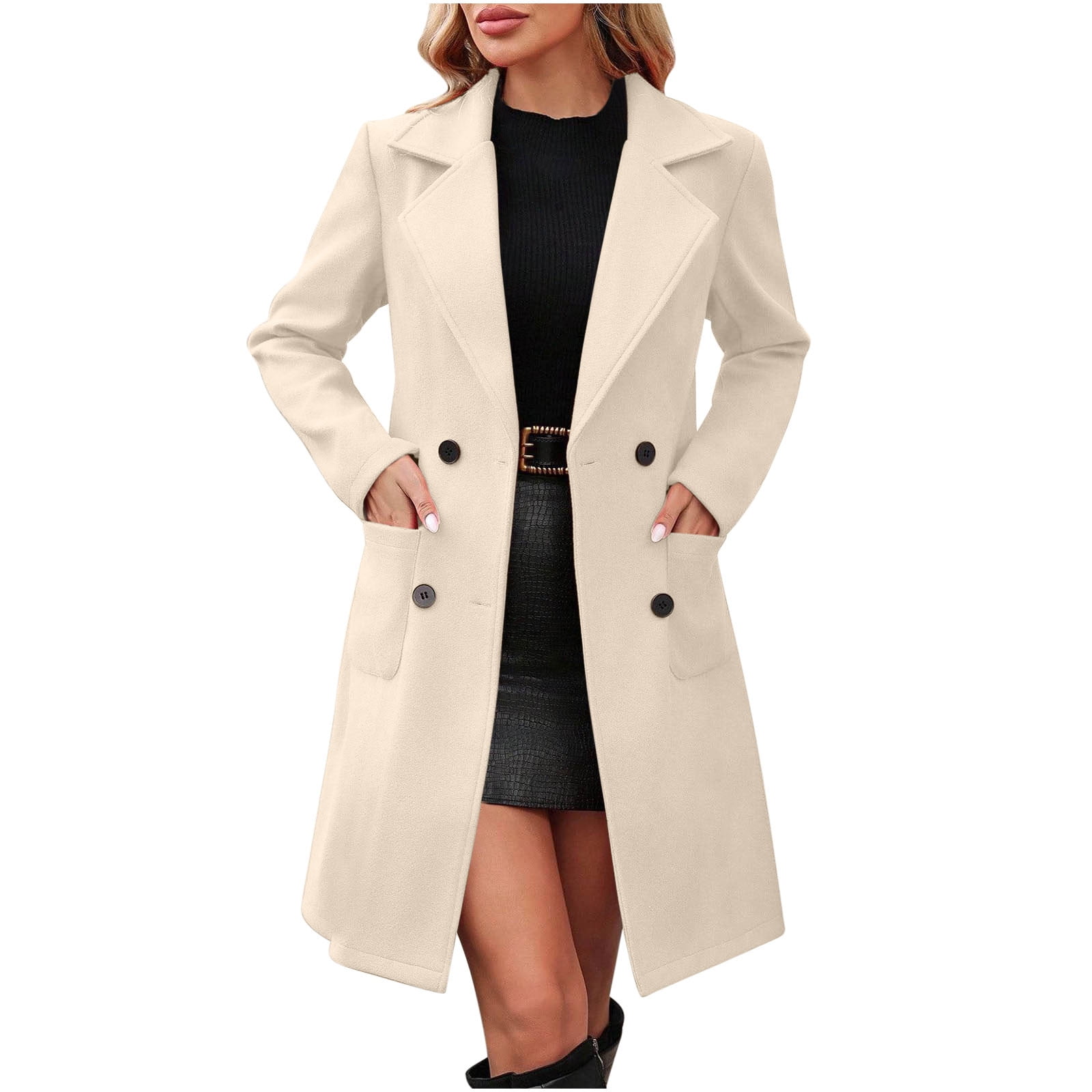 DAFPZW Women Trench Coat Solid Color Notch Lapel Wool Blend Overcoat ...