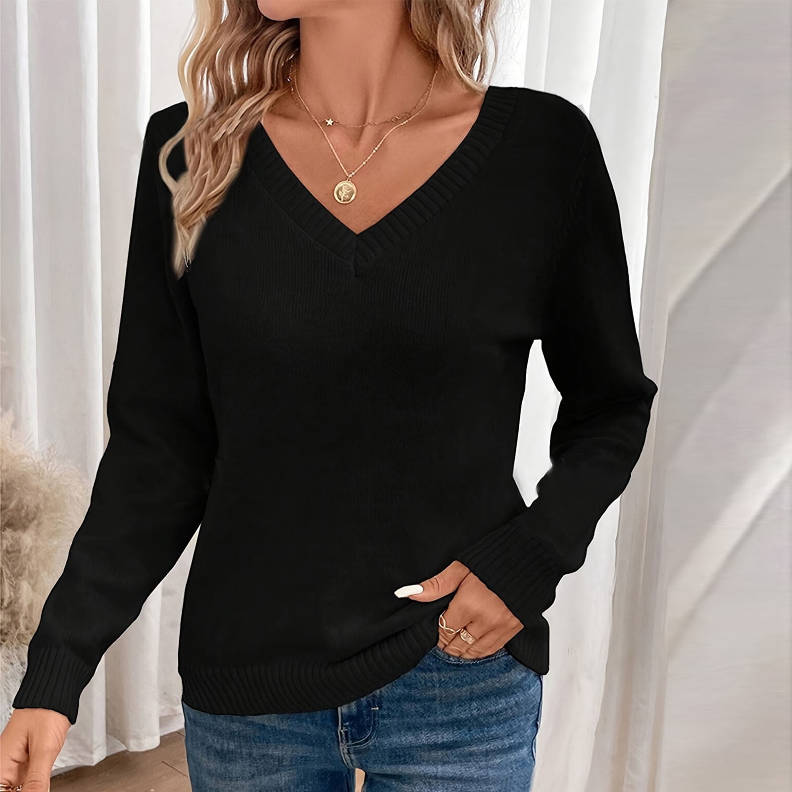 DAFPZW Women's Casual Long Sleeve Sweaters V Neck Loose Solid Knit ...