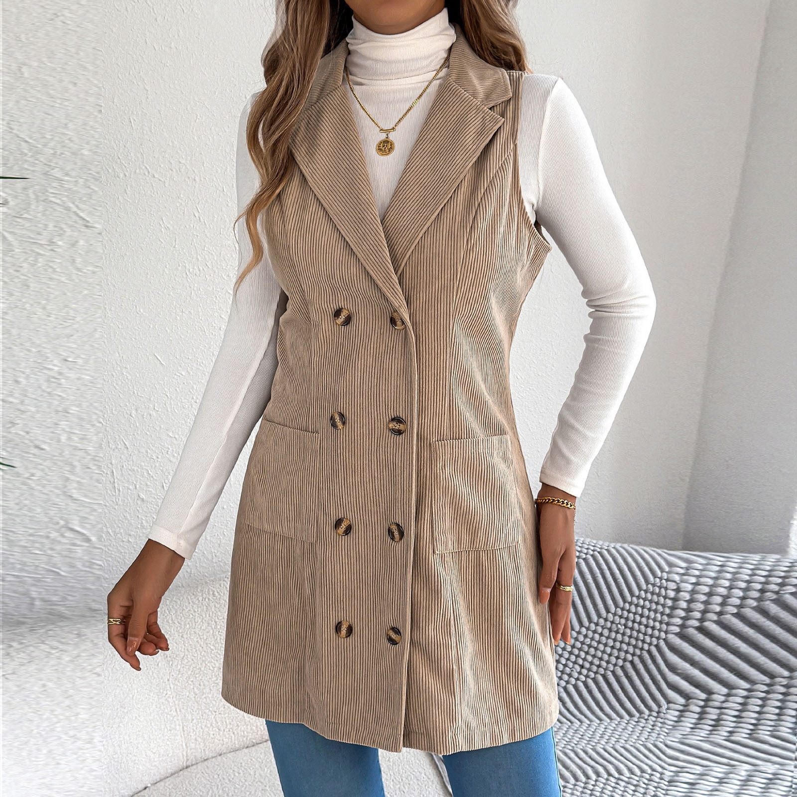 DAFPZW Women's Corduroy Vest Double Breasted Button Down Sleeveless ...