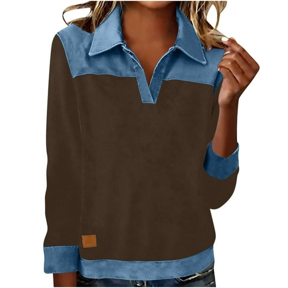 DAFPZW Women's Denim Patchwork Shirt Long Sleeve Lapel V-Neck Collar ...