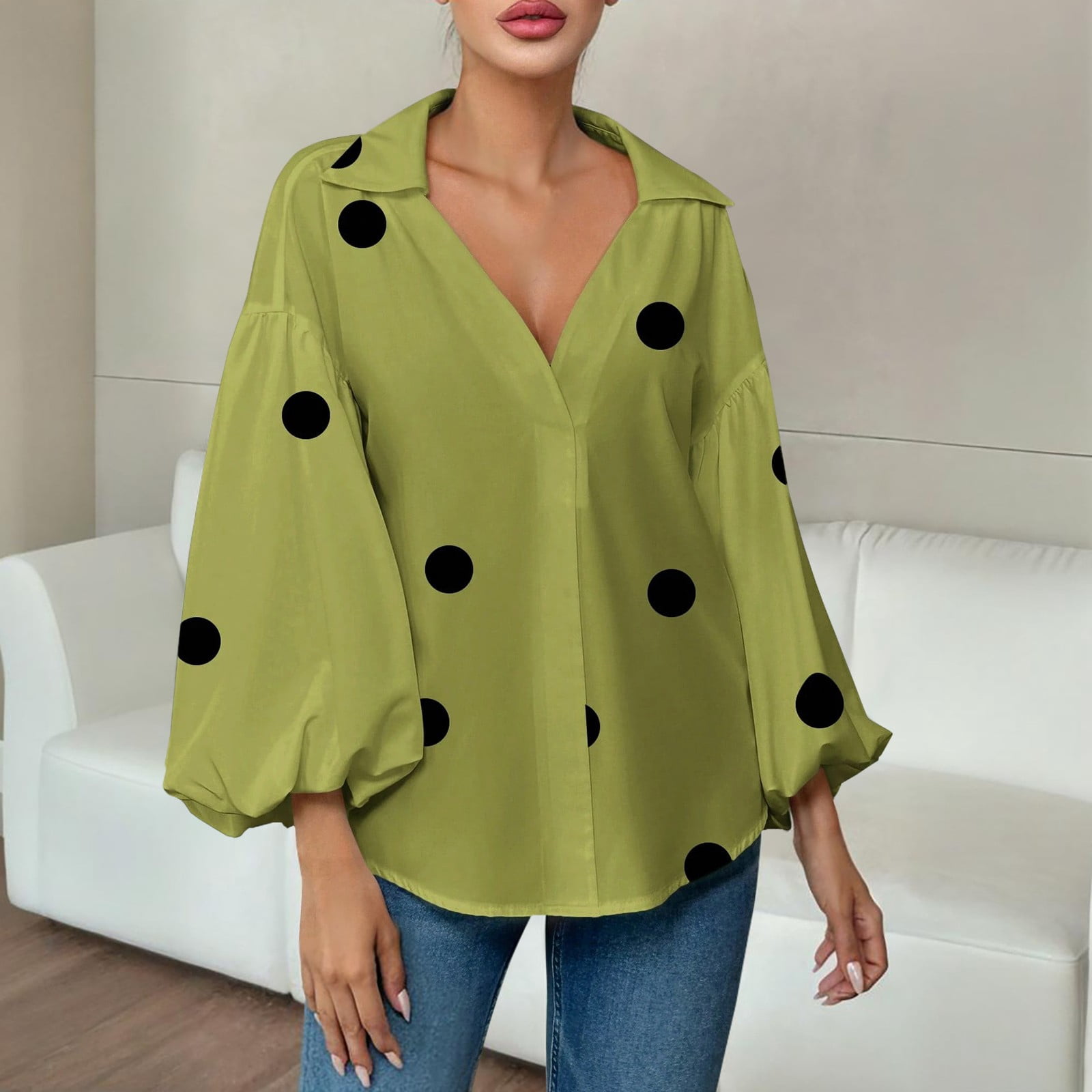 DAFPZW Women's Elegant Polka Dot Print Tops Cute Puff Sleeve Collared ...
