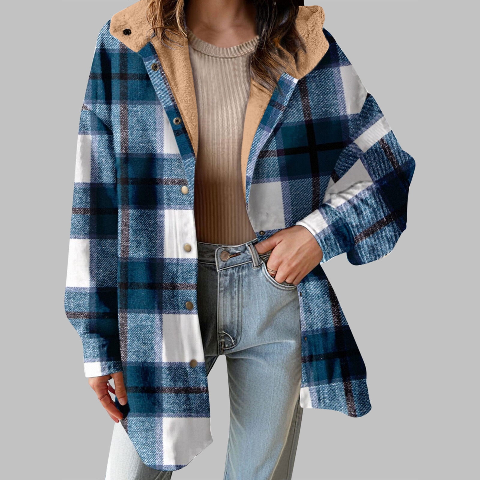 DAFPZW Women's Flannel Hooded Plaid 2025 Shacket Thick Winter Coat ...