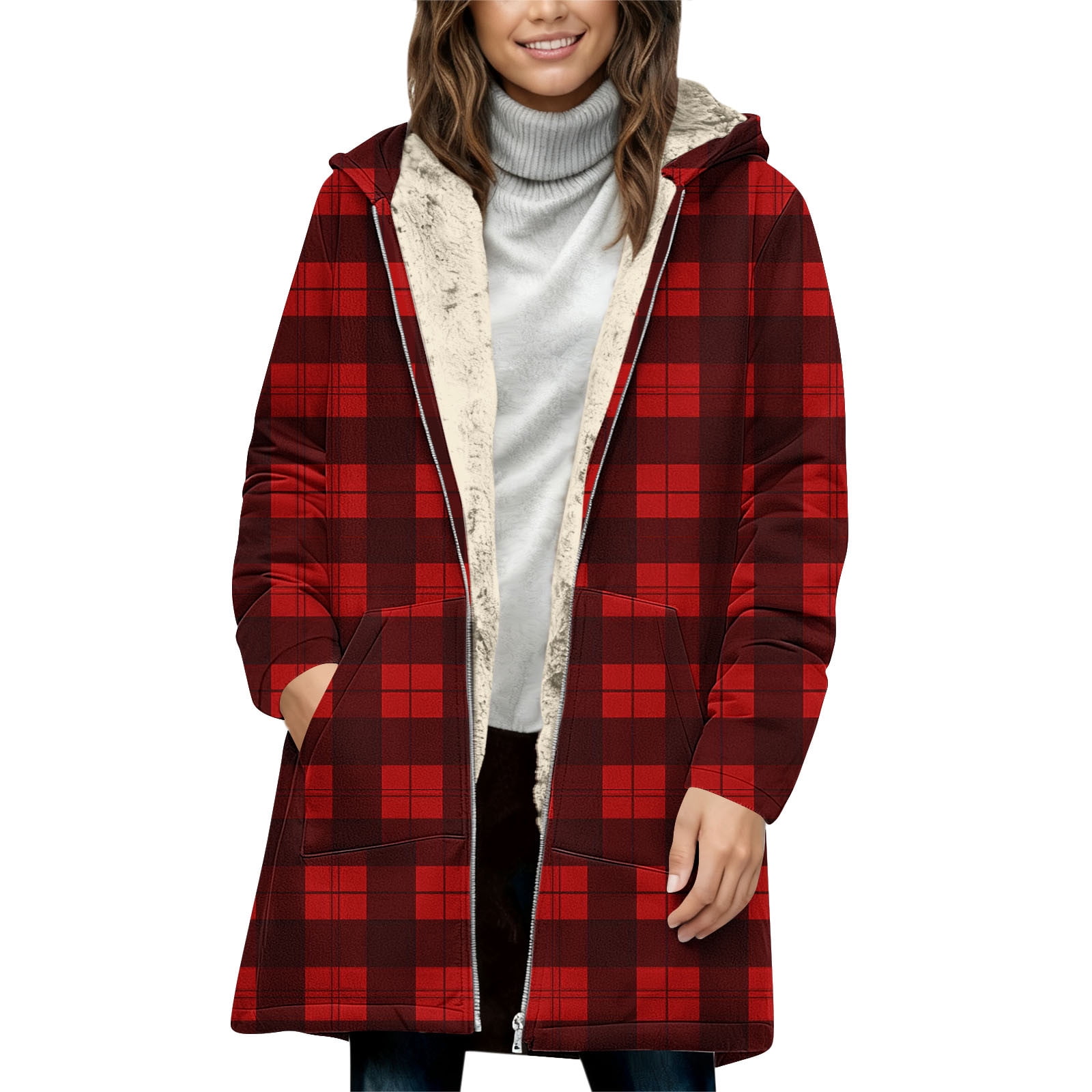DAFPZW Women's Long Plaid Coat Faux Fur Lining Winter Hooded Trench ...