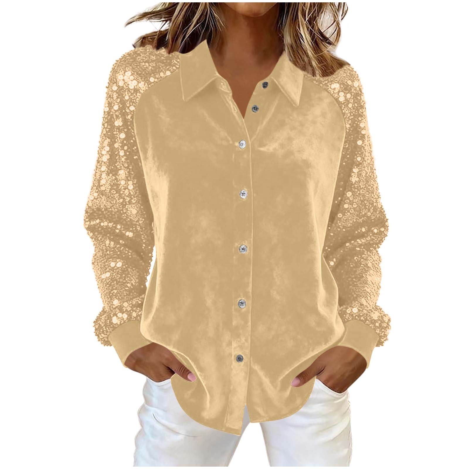 DAFPZW Women's Long Sleeve Sequin Velvet Tops Collared Button Down ...