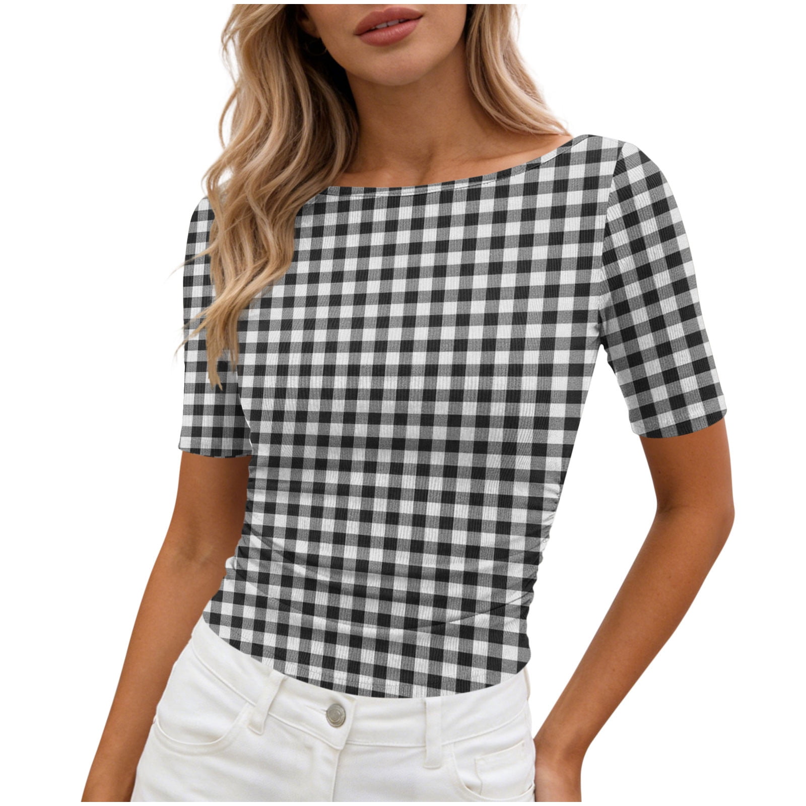 DAFPZW Women's Off Shoulder Plaid Print Tops Slim Fit Short Sleeve ...