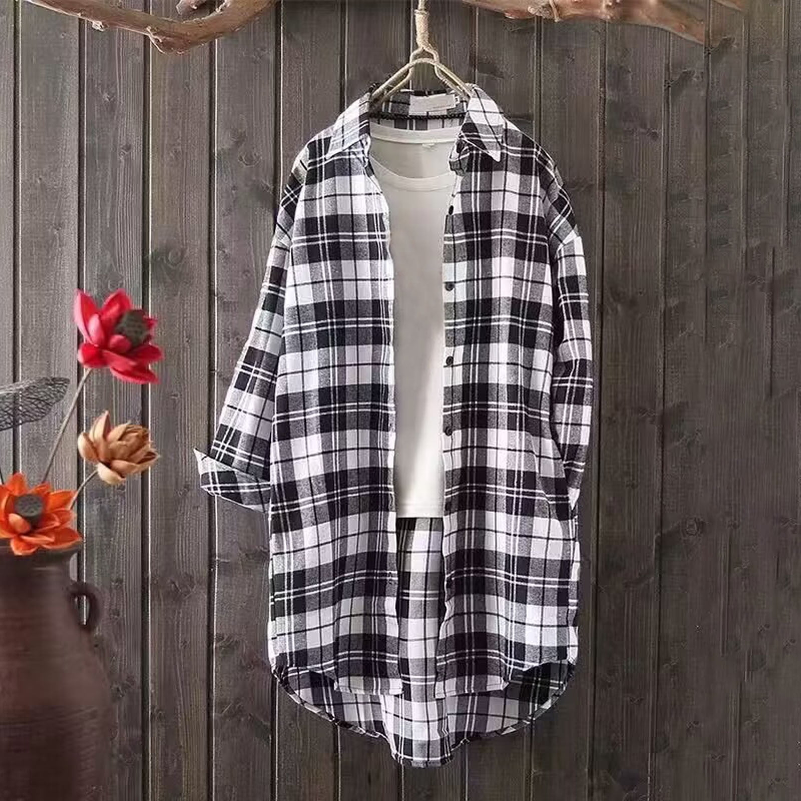 DAFPZW Women's Plaid Flannel Shirt Business Casual Long Sleeve Button ...