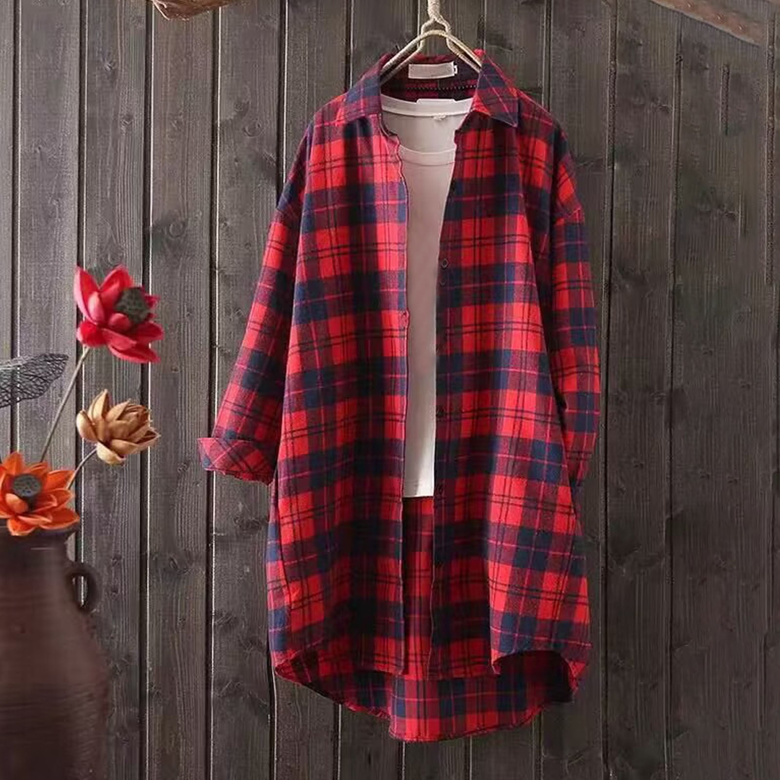 DAFPZW Women's Plaid Flannel Shirt Business Casual Long Sleeve Button ...