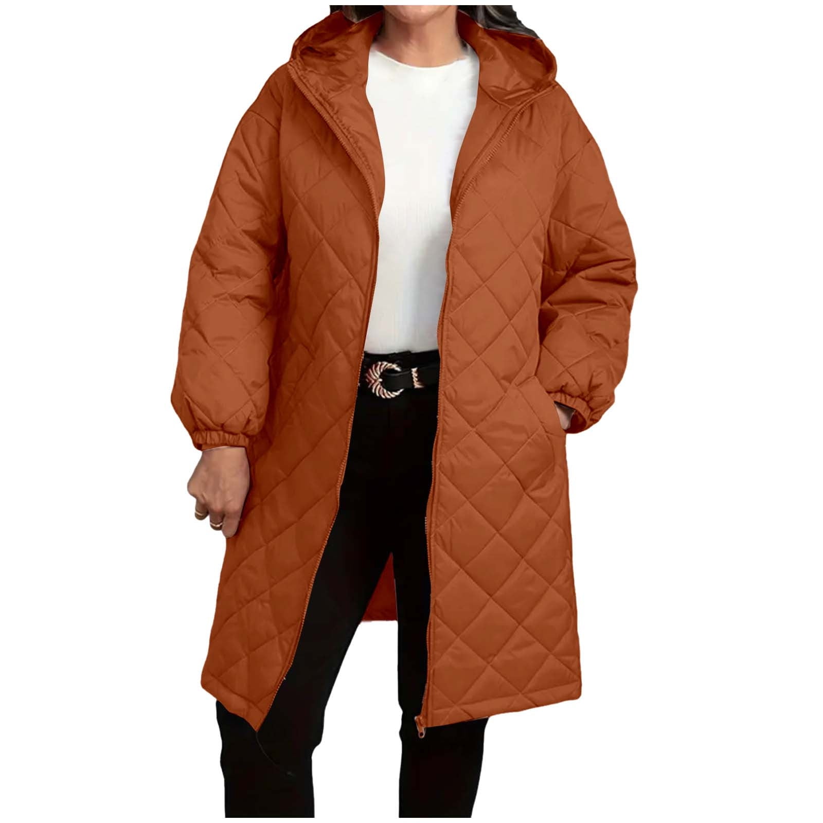 DAFPZW Women's Quilted Jacket Zipper Up Hooded Outwear Long Lightweight ...