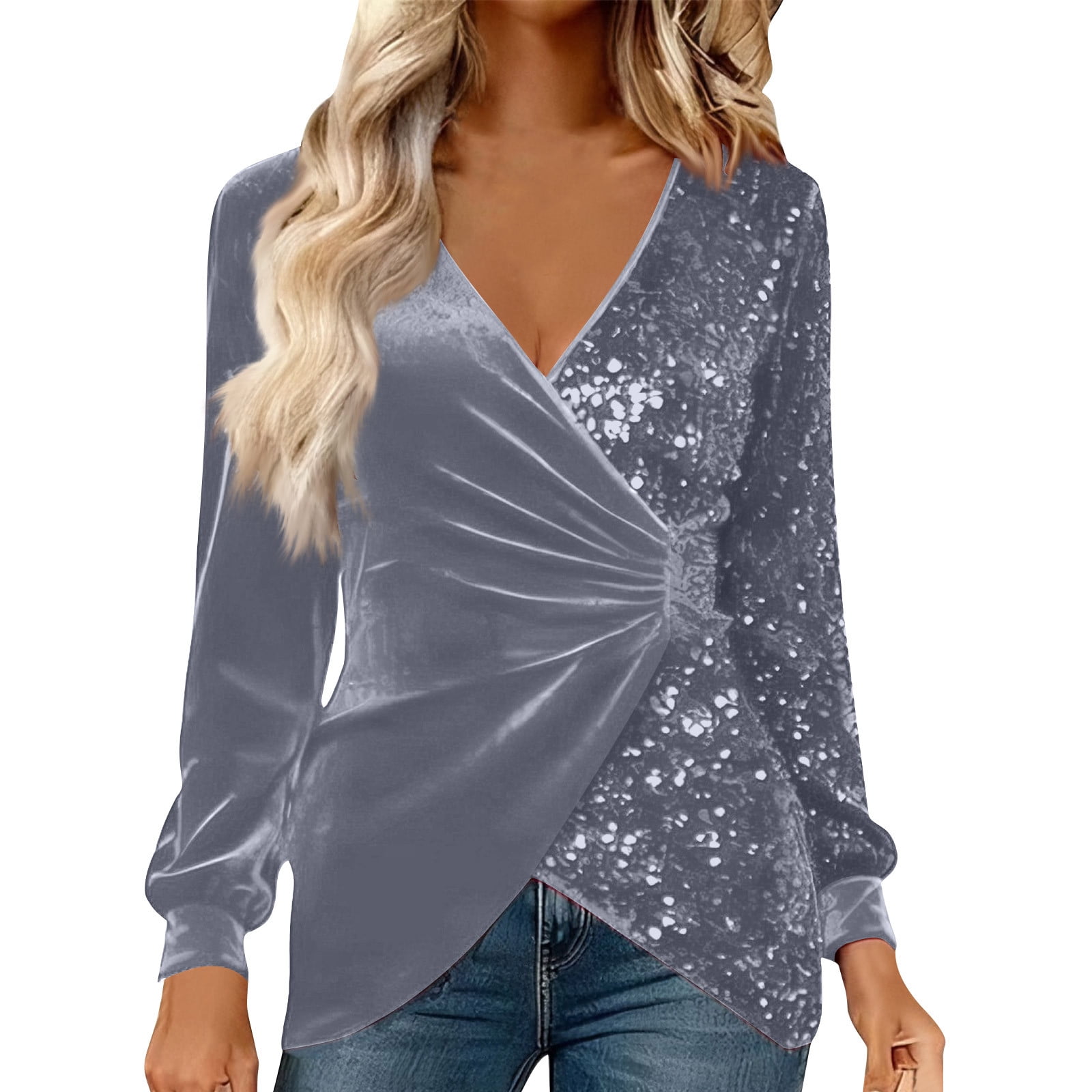 DAFPZW Women’s Ruched Wrap V-Neck Sequin Patchwork Tops Long Sleeve ...