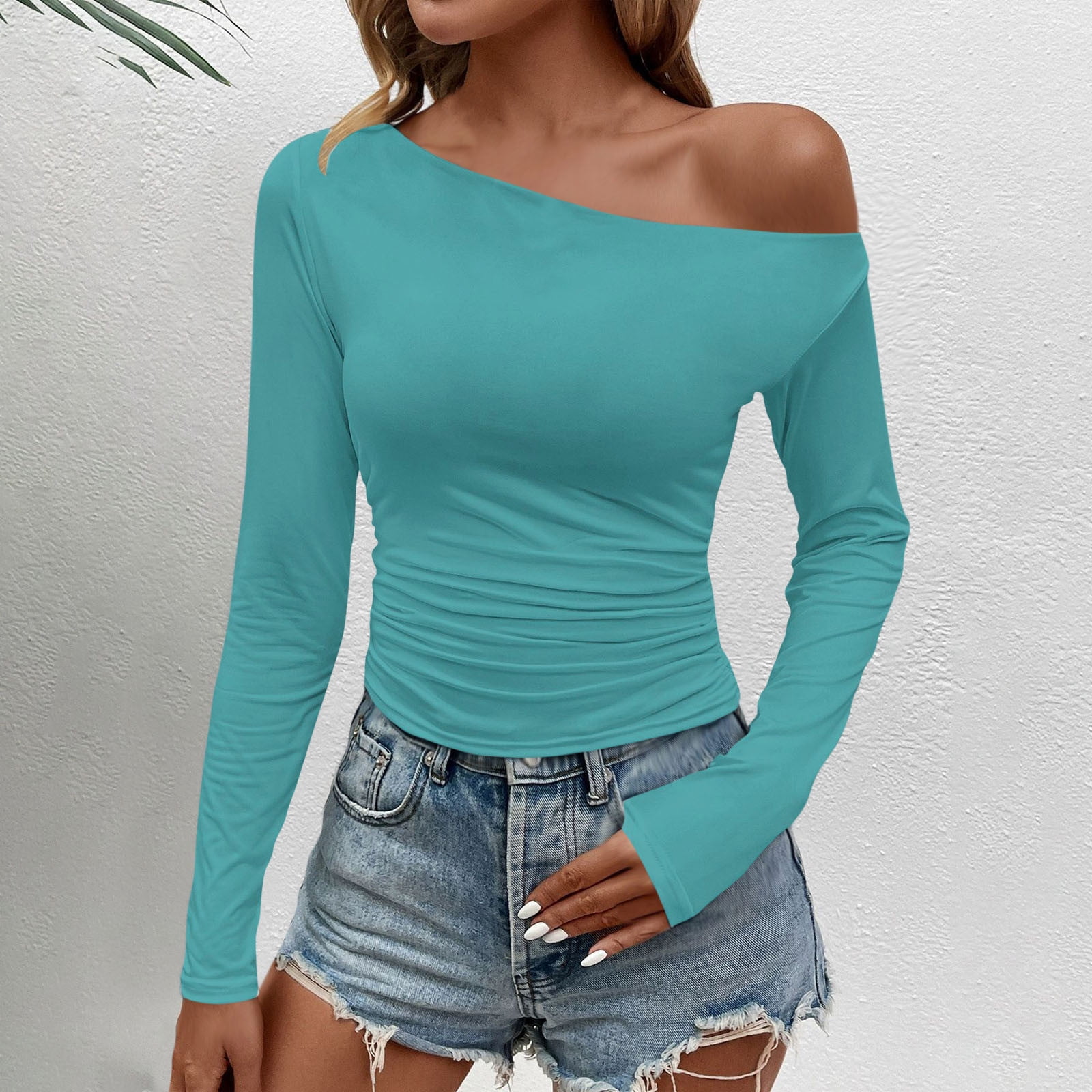 DAFPZW Women's Sexy One Off The Shoulder Tops Asymmetrical Neck Clothes ...