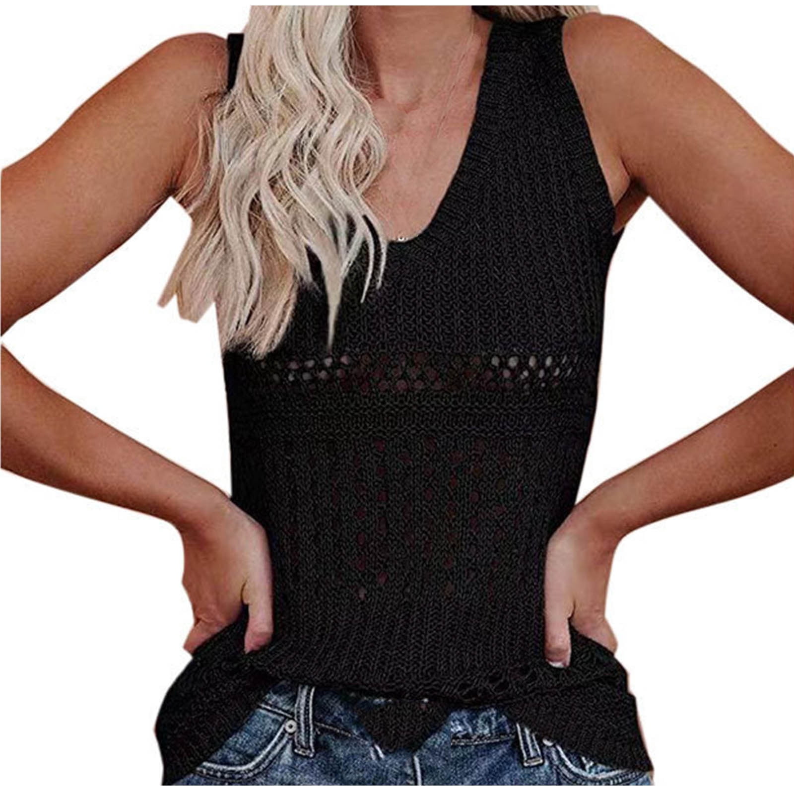 DAFPZW Women's Sweater Knit Vest Sleeveless Sexy Crochet Hollow Out V ...