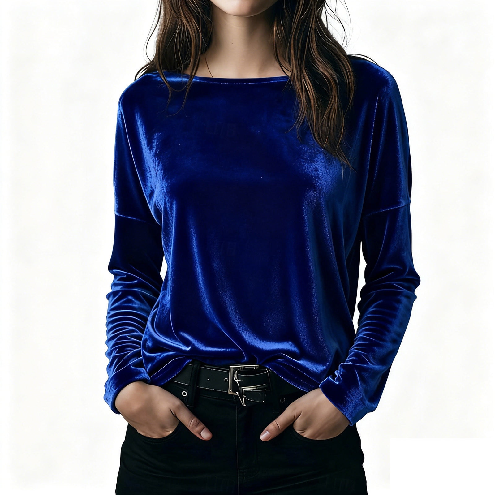 DAFPZW Women's Velvet Shirts Vintage Long Sleeve Round Neck Dressy Tops ...