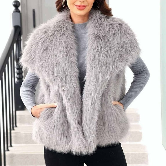 DAFPZW Women's Winter Coat Lapel Open Front Sleeveless Furry Faux Fur Vest Shaggy Oversized ...