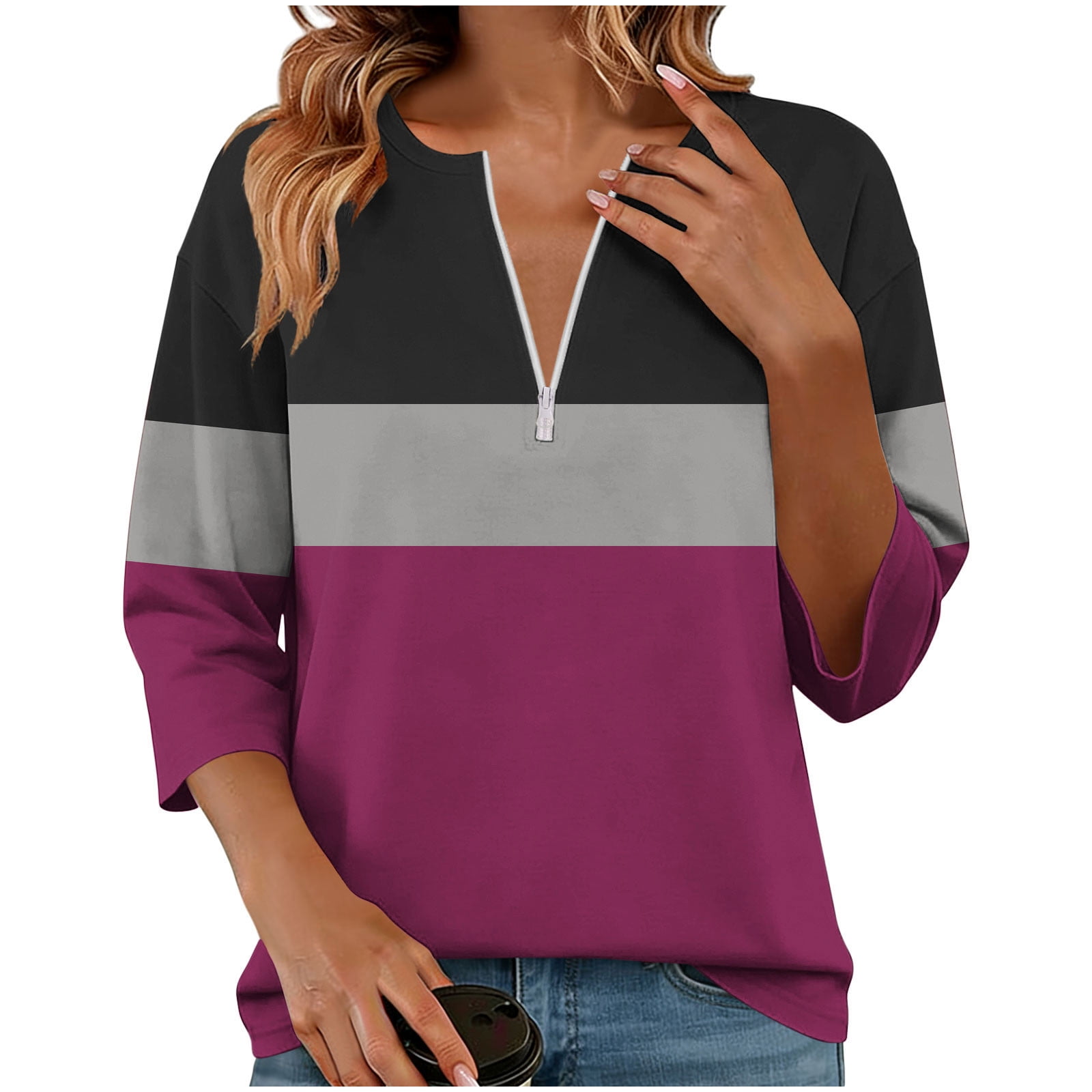 DAFPZW Womens 3/4 Sleeve Tops Zipper Color Block Loose Fit Tunic Tops ...