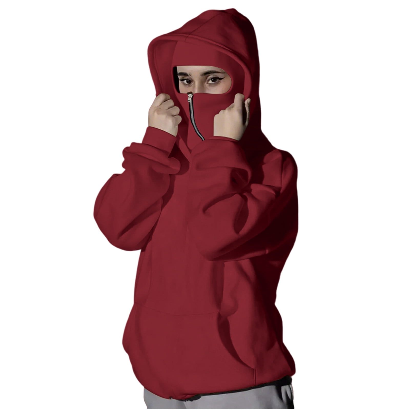 DAFPZW Womens Balaclava Hoodie Double Layer Hooded Quarter Zip Up ...