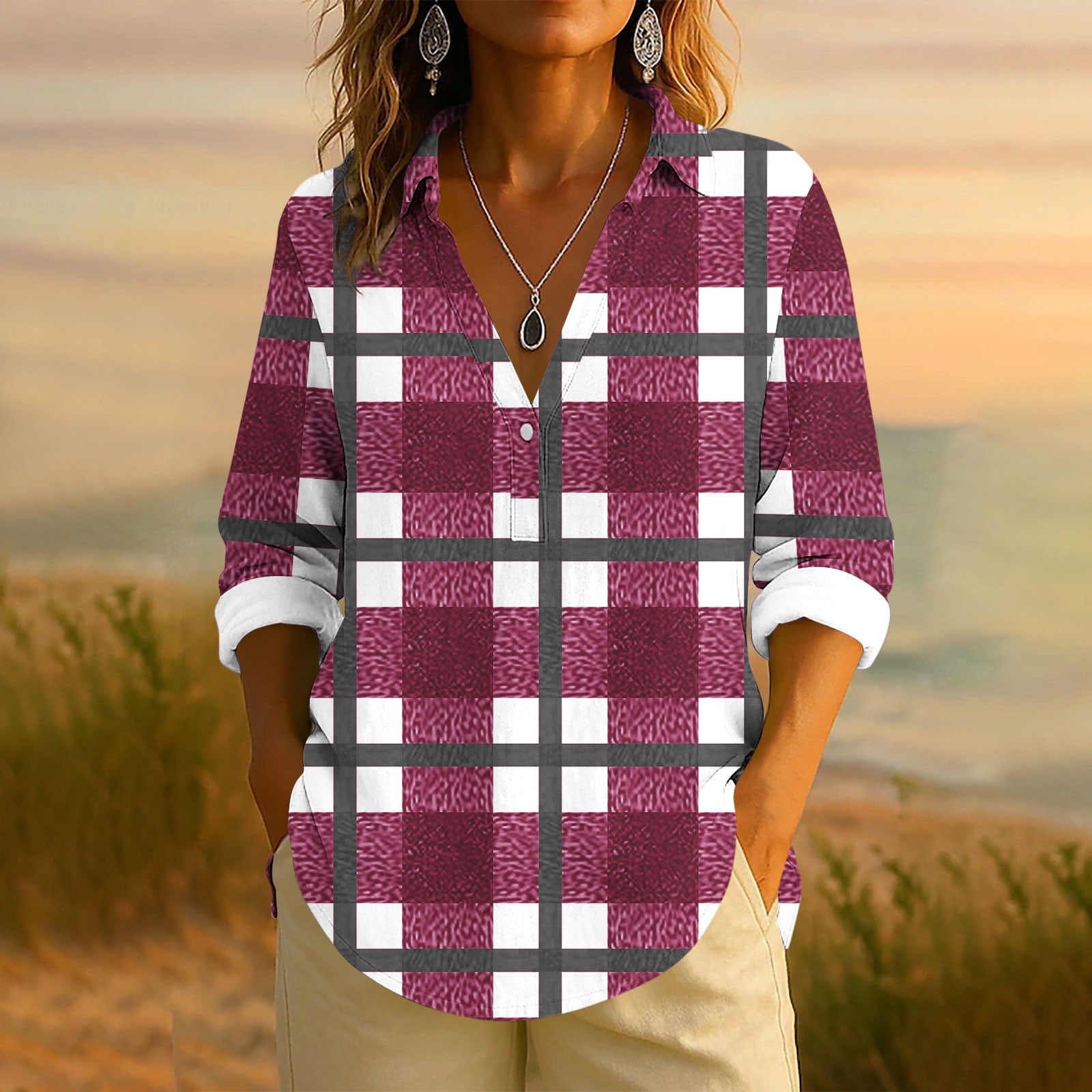 DAFPZW Womens Basic Tops Casual V Neck Plaid Print Cuffed Long Sleeve ...
