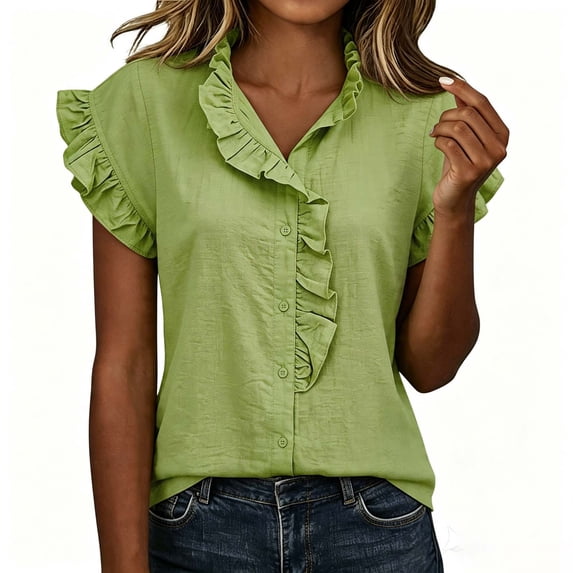 DAFPZW Womens Cap Sleeve Button Down Shirts Summer Ruffle V-Neck Dressy ...