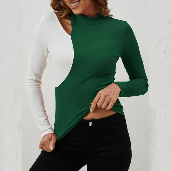 DAFPZW Womens Cutout Color Block Top Mock Neck Long Sleeve Ribbed T-Shirt Slim Fitted Tee for ...