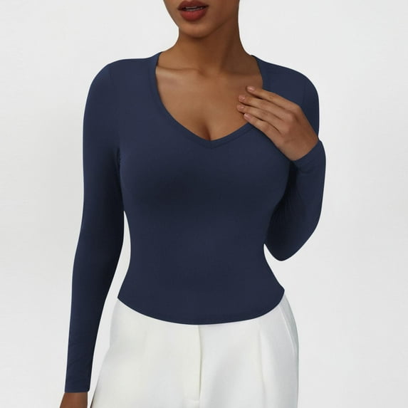 DAFPZW Womens Fall Deep V Neck Long Sleeve Shirts Modal Slim Fit Basic ...