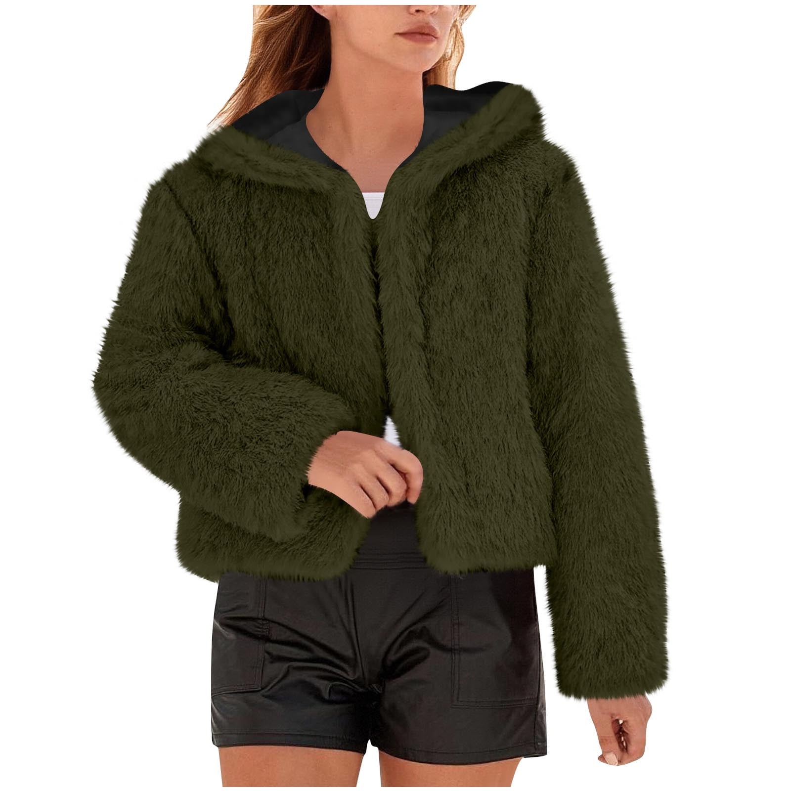 DAFPZW Womens Faux Fur Cropped Coat Long Sleeve Open Front Fluffy ...