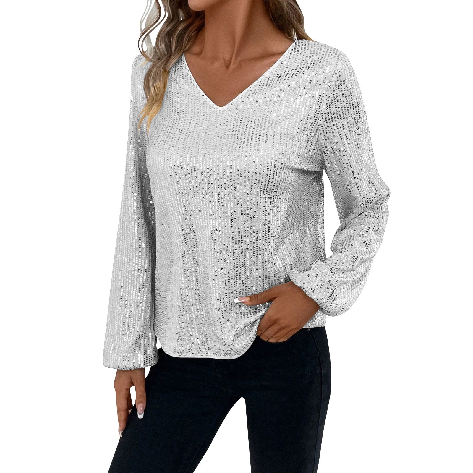 DAFPZW Womens Full Sequin Tops Sparkle Glitter Blouses V-Neck Lantern ...
