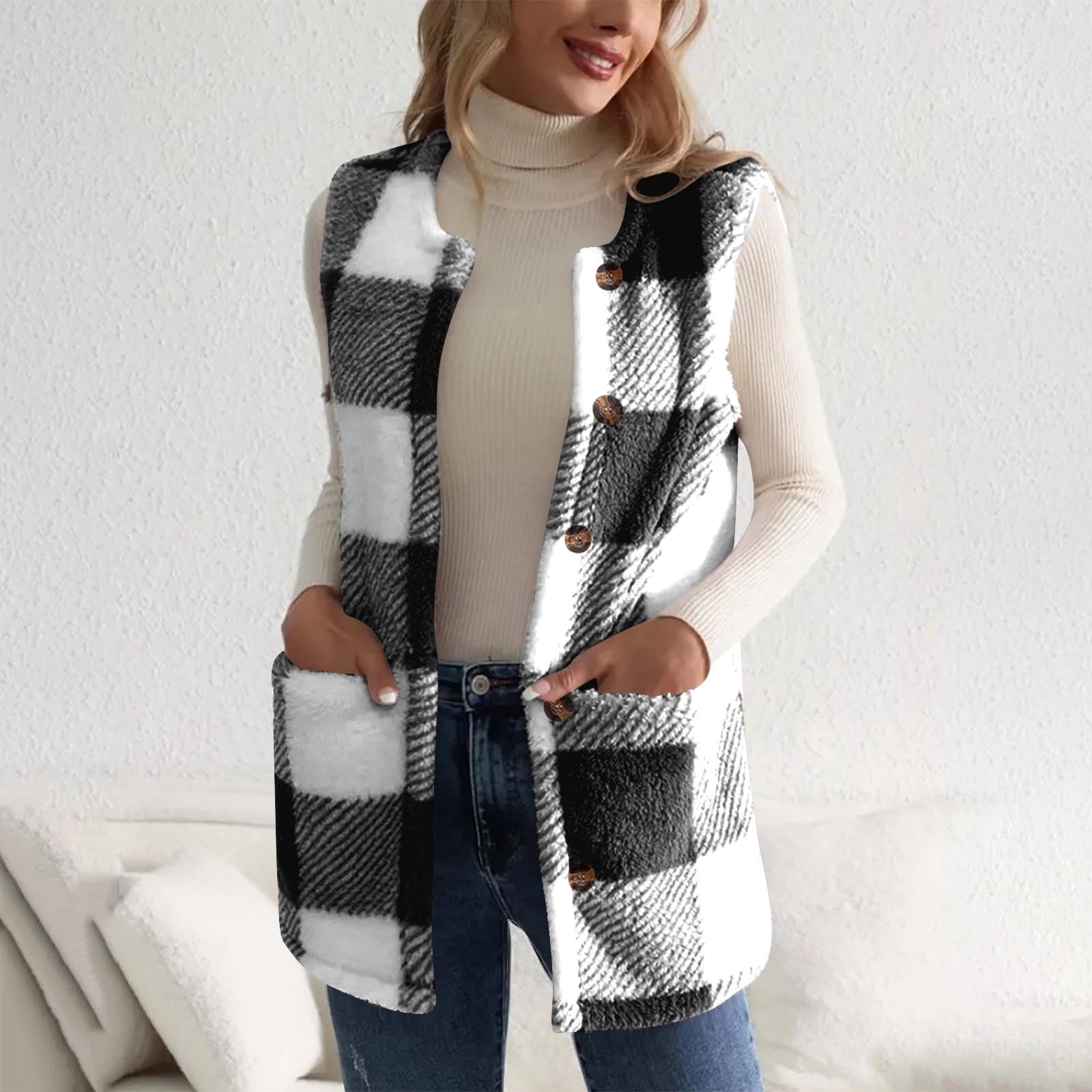 DAFPZW Womens Fuzzy Sherpa Fleece Vests Casual Sleeveless Open Front ...