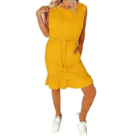 DAFPZW Womens Hooded Summer Dress Sleeveless V-Neck Drawstring Waist ...