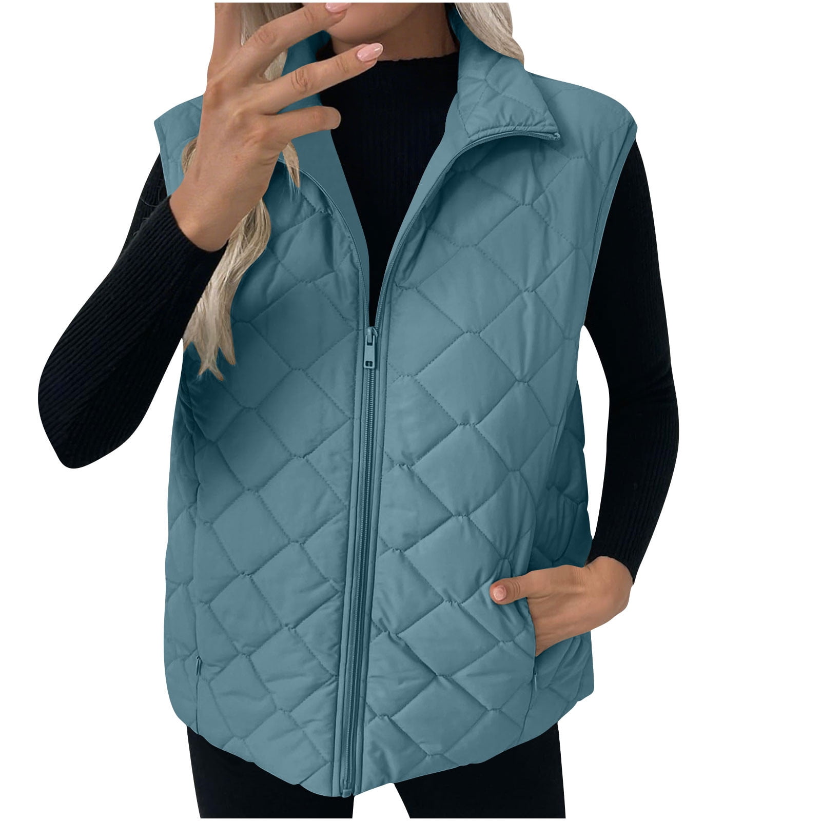 DAFPZW Womens Lightweight Puffer Vest with Pockets Zip Up Stand Collar ...