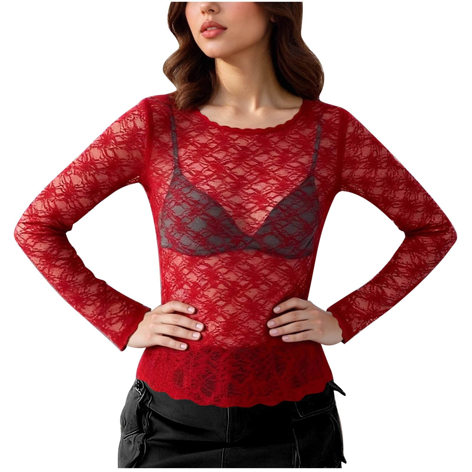DAFPZW Womens Mesh Long Sleeve Tops Lace Sexy Sheer See Through Crew ...