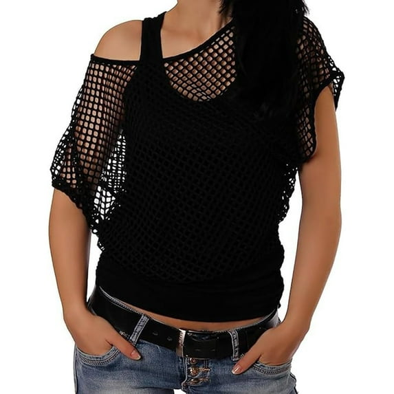 DAFPZW Womens Off Shoulder Tops Sexy Fishnet T-Shirt Short Sleeve 80s ...
