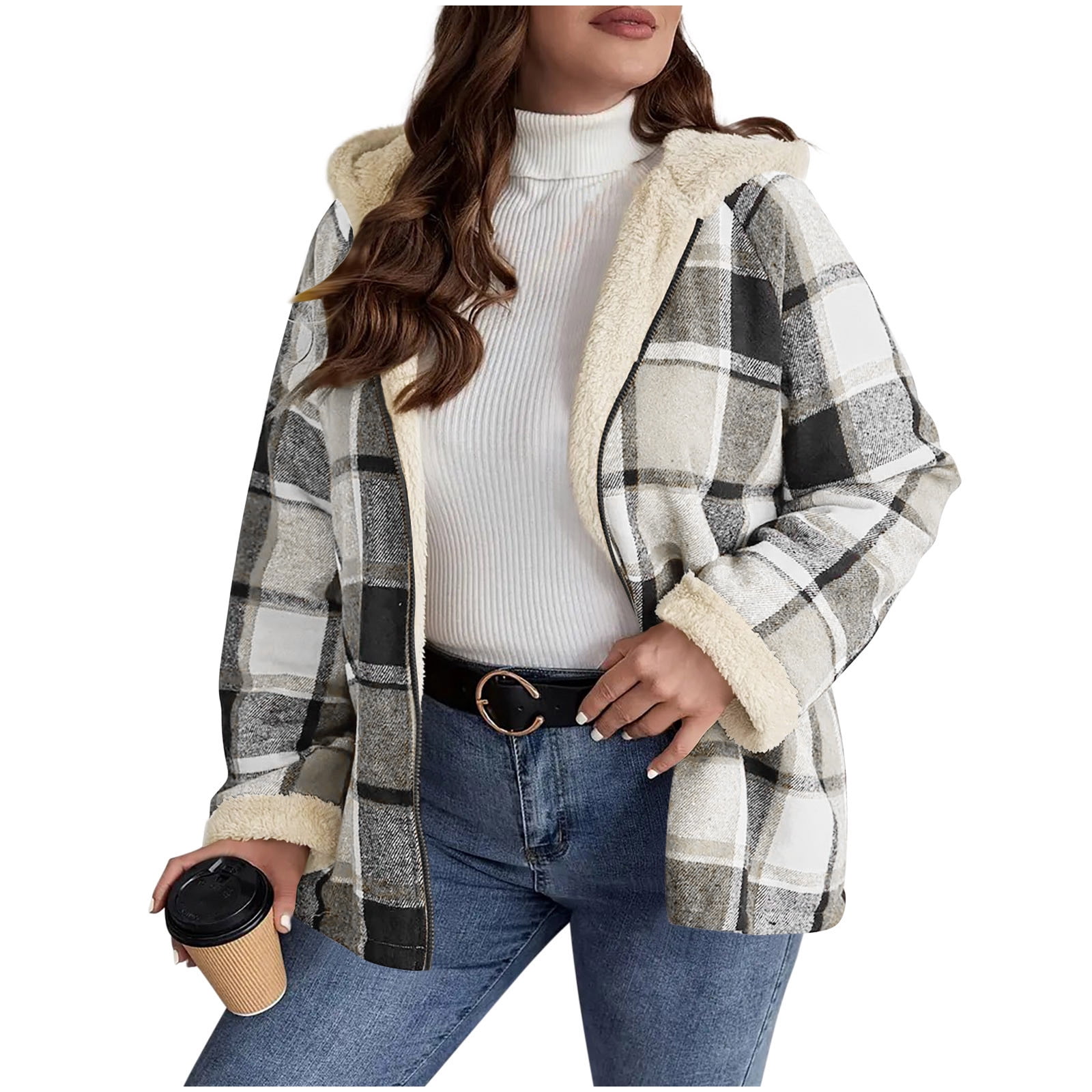 DAFPZW Womens Plaid Flannel Fleece Jacket Long Sleeve Sherpa Lined ...
