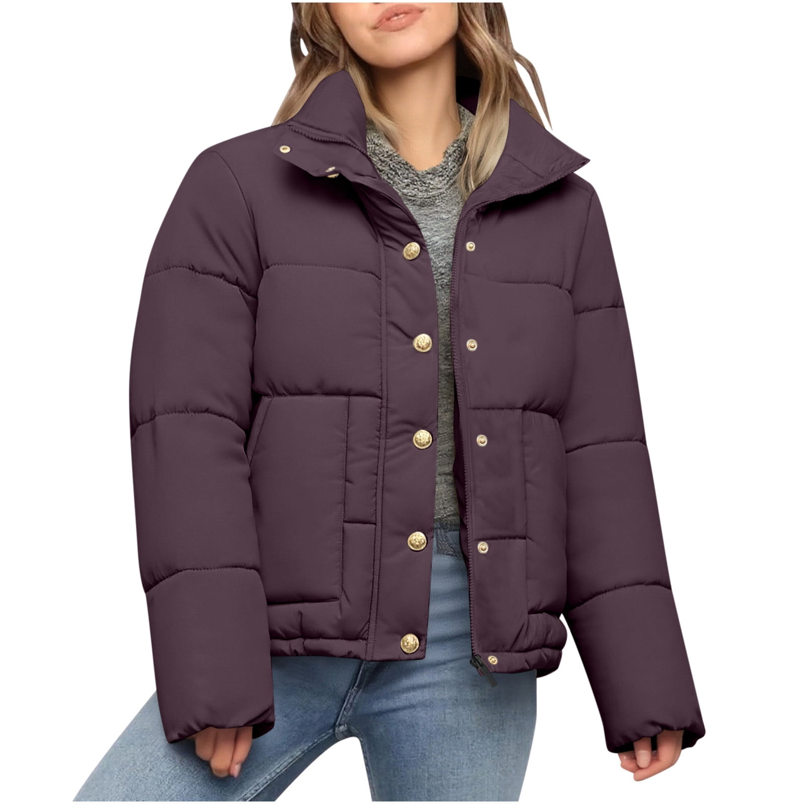 DAFPZW Womens Quilted Puffer Jacket Winter Warm Stand Collar Bubble ...