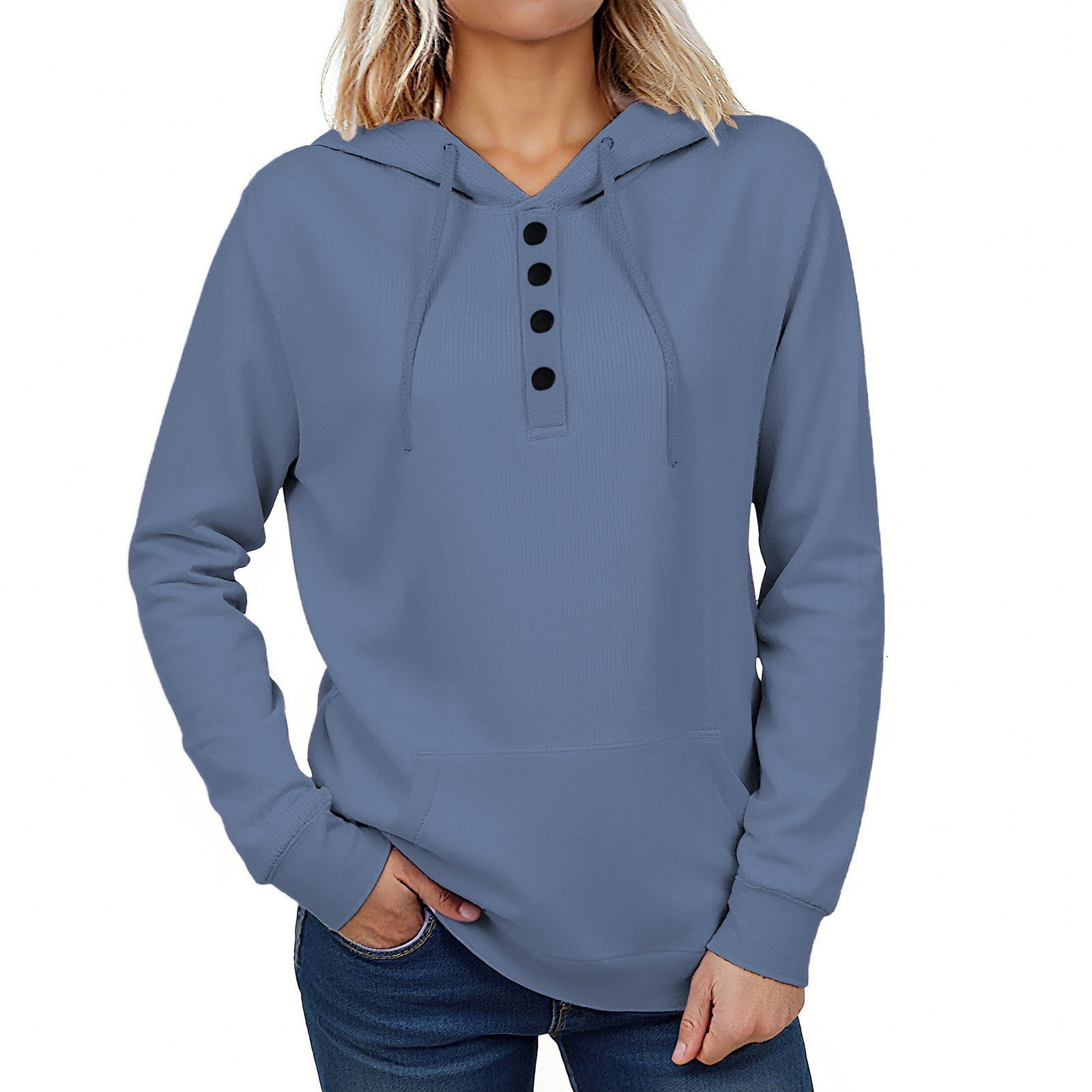 DAFPZW Womens Ribbed Hoodies Pullover Button Up Long Sleeve Drawstring ...