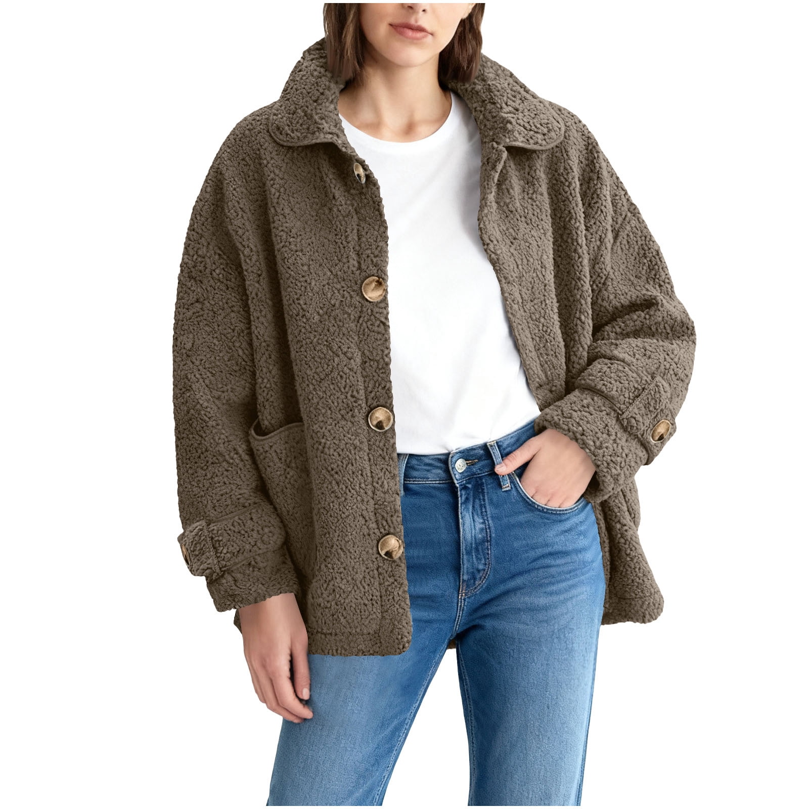 DAFPZW Womens Sherpa Fleece Jacket Winter Long Sleeve Lapel Button Down ...