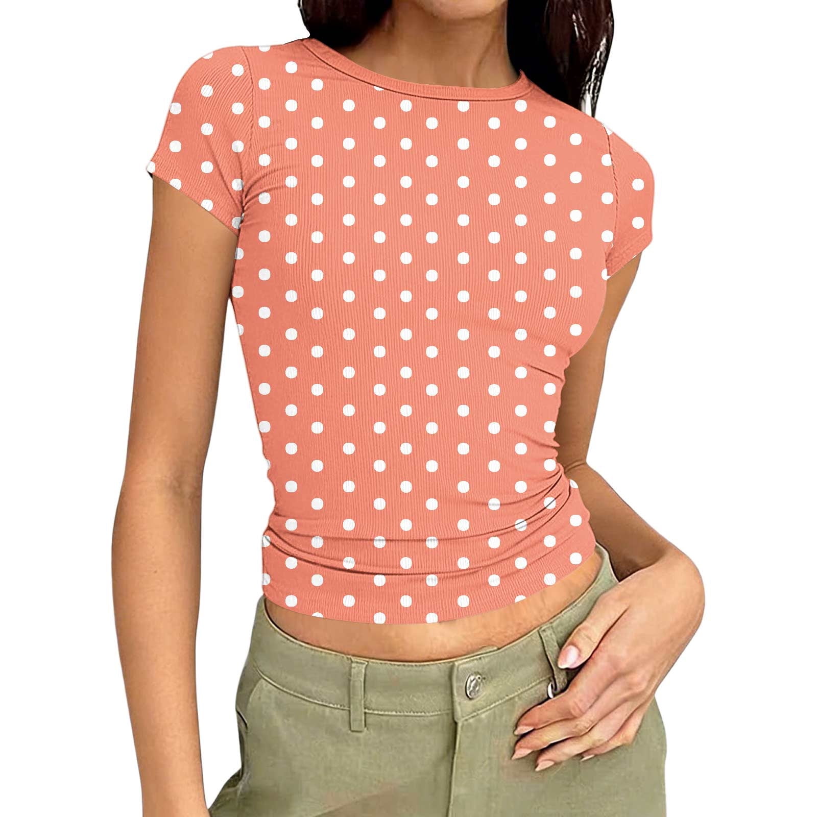 DAFPZW Womens Short Sleeve T-Shirts Summer Polka Dots Print Basic Crop ...