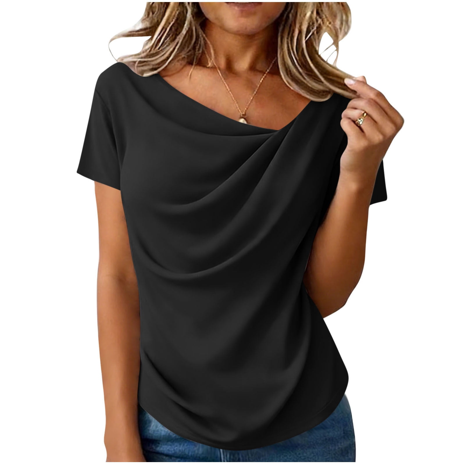 DAFPZW Womens Summer Fashion T-Shirts Skew Collar Pleated Short Sleeve ...