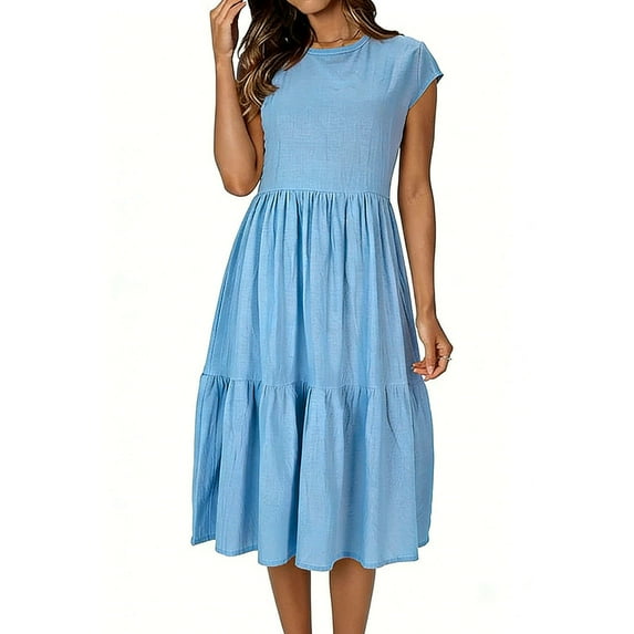 DAFPZW Womens Summer Midi Dress Casual Short Sleeve A Line Cotton Linen ...