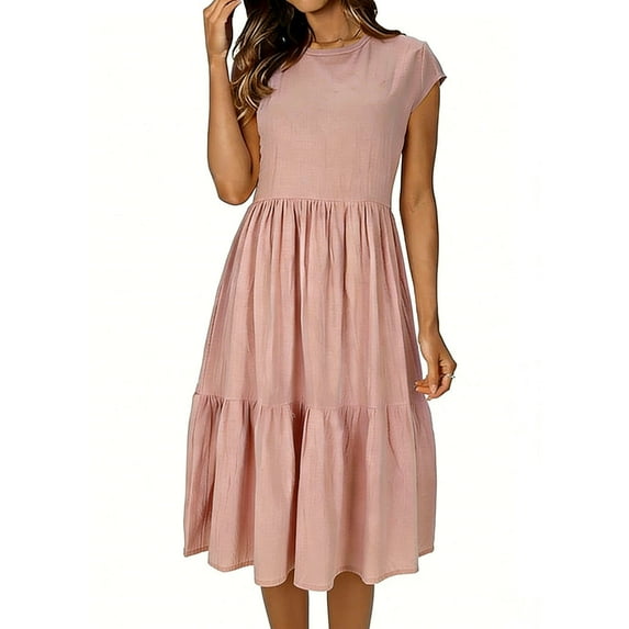 DAFPZW Womens Summer Midi Dress Casual Short Sleeve A Line Cotton Linen ...