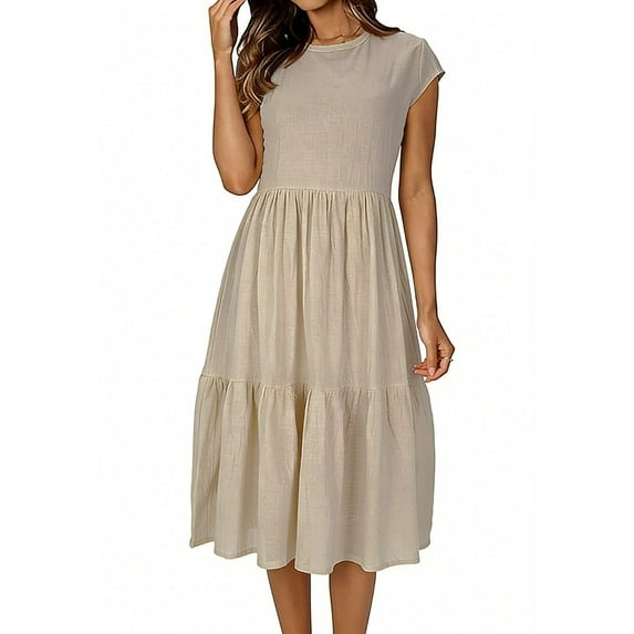 DAFPZW Womens Summer Midi Dress Casual Short Sleeve A Line Cotton Linen ...