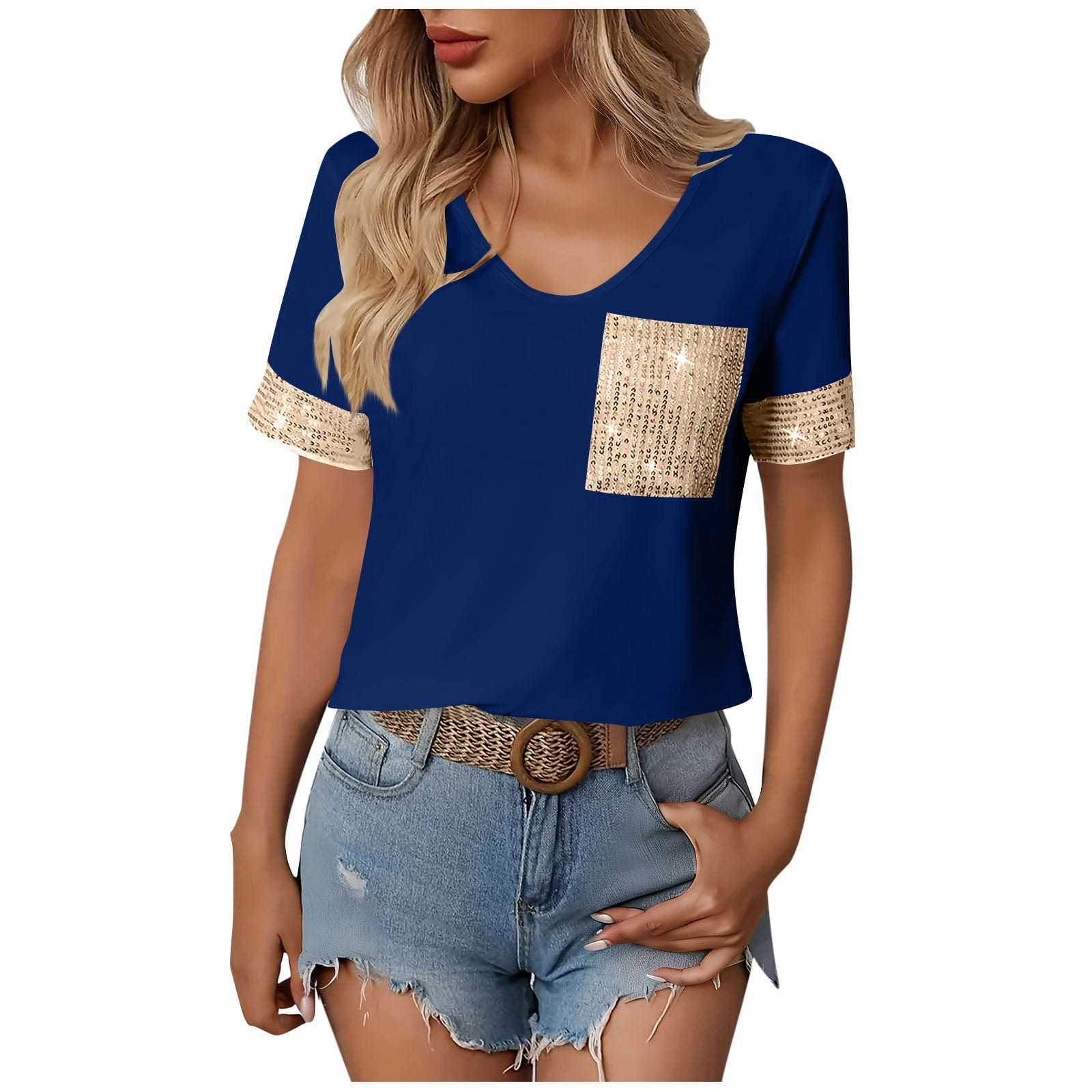 DAFPZW Womens Summer Tops Sequin Short Sleeve Shirts Crew Neck Trendy ...