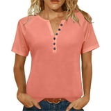 DAFPZW Womens Tops Short Sleeve T-shirts Dressy Casual Button V-Neck ...
