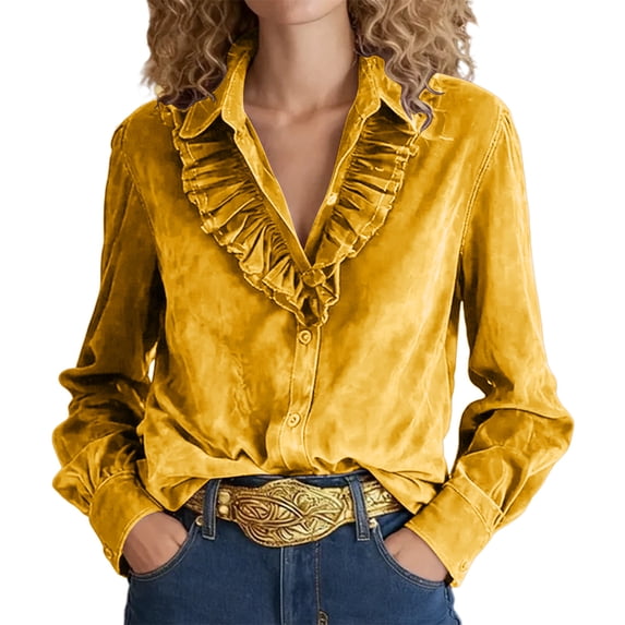 DAFPZW Womens Velet Tops Lapel Collar Ruffled Long Sleeve Solid Color ...