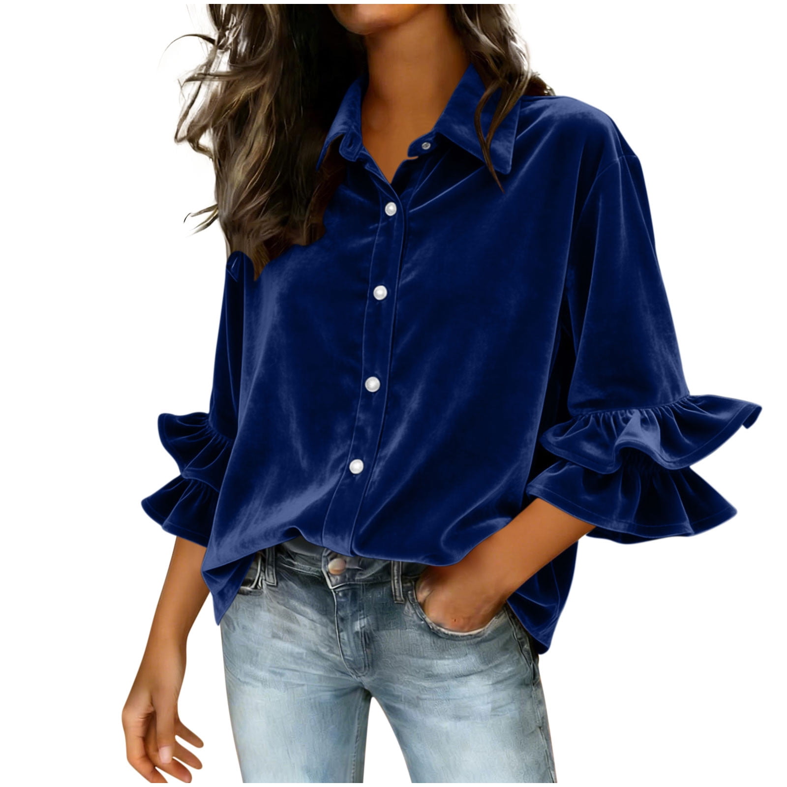 DAFPZW Womens Velvet Shirts 3/4 Sleeve Ruffle Vintage Top Dressy Casual ...