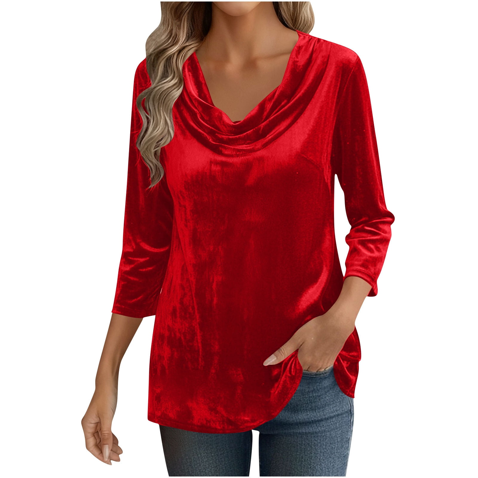 DAFPZW Womens Velvet Tops Casual Long Sleeve Shirts Fashion Cowl Neck ...