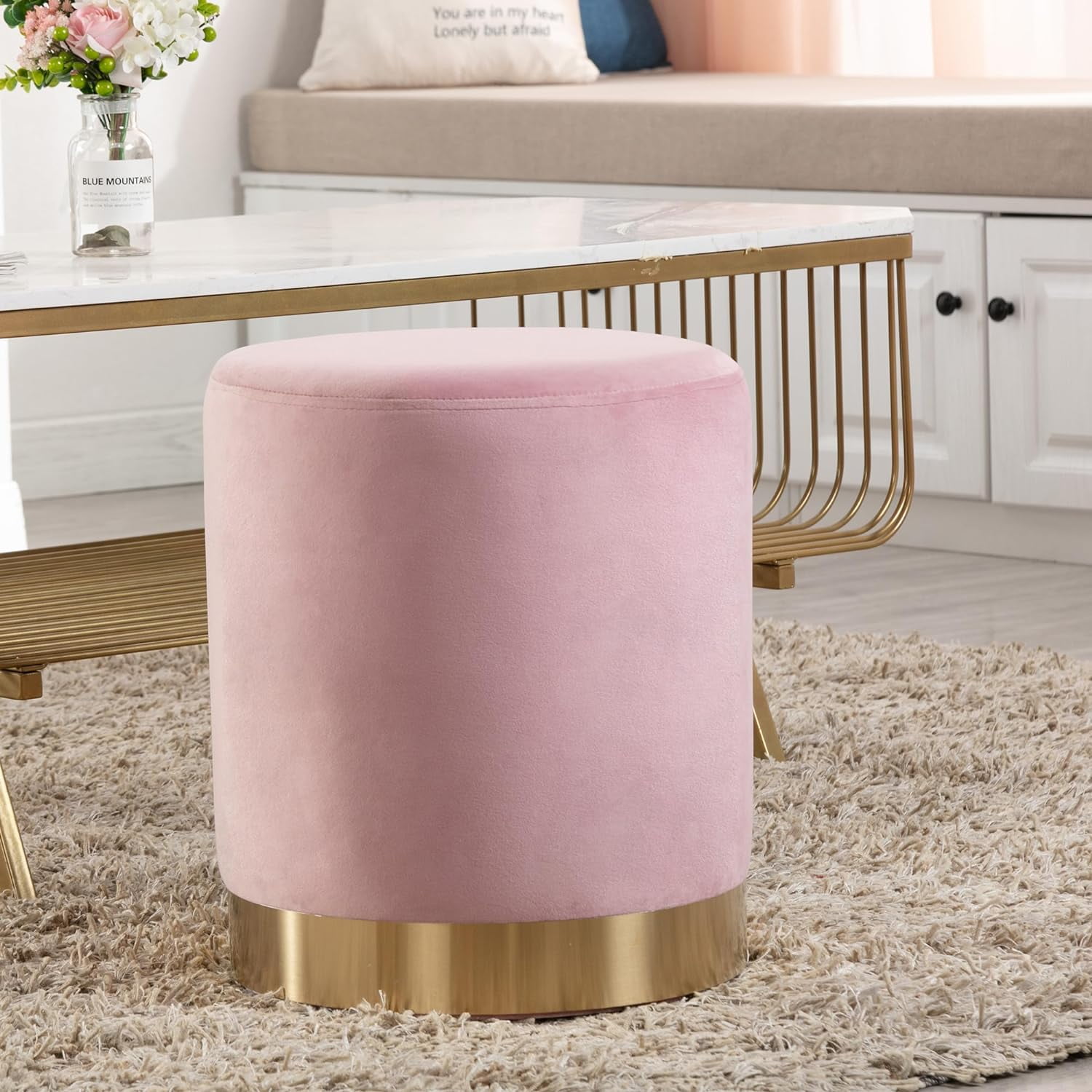 DAGONHIL Modern Round Pink Velvet Ottoman,Upholstered Floor Stools with ...