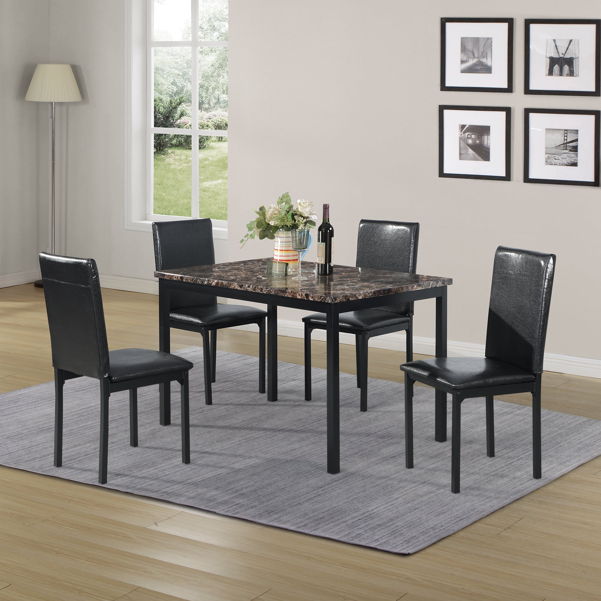DAJU Furniture 5 Piece Metal Dinette Set with Faux Marble Top-Black ...