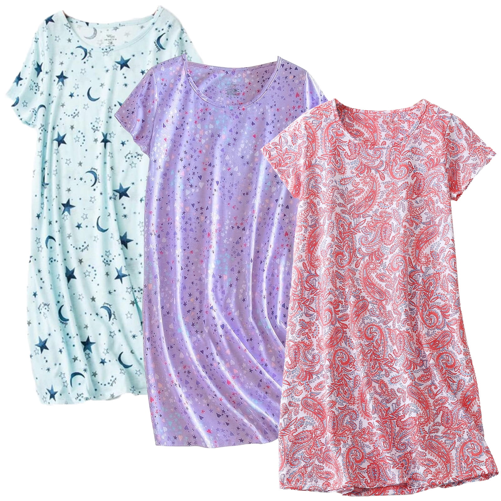DAKIMOE 3 Pack Nightgowns for Women Soft Cotton Short Sleeve Night ...