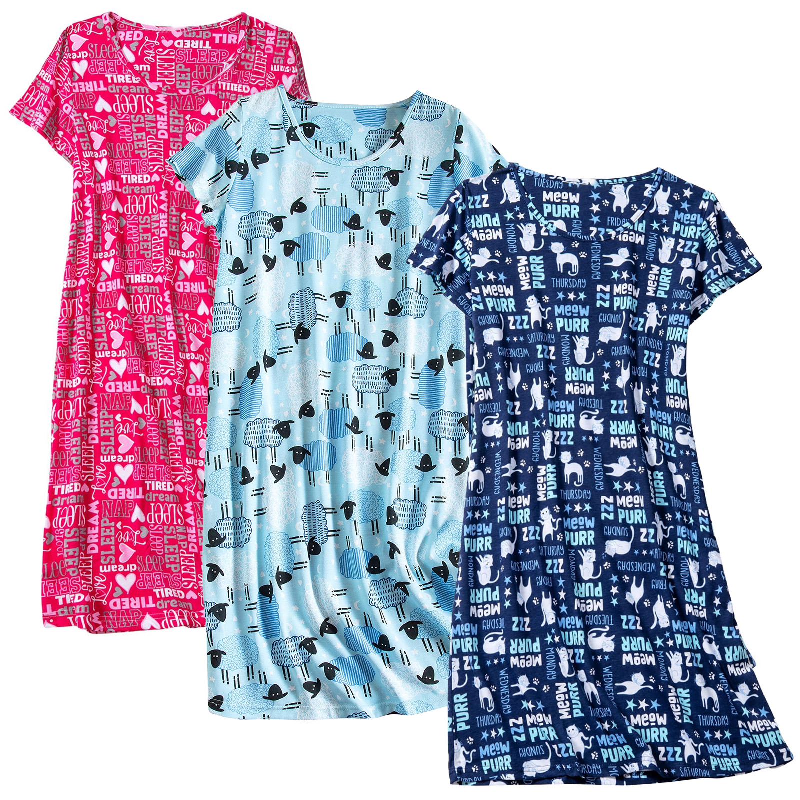 DAKIMOE 3 Pack Nightgowns for Women Soft Cotton Short Sleeve Night ...
