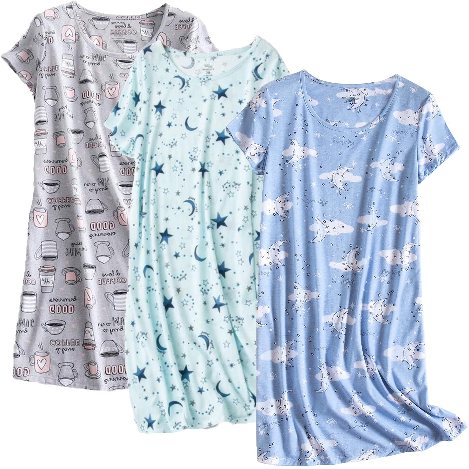 DAKIMOE 3 Pack Nightgowns for Women Soft Cotton Short Sleeve Night ...